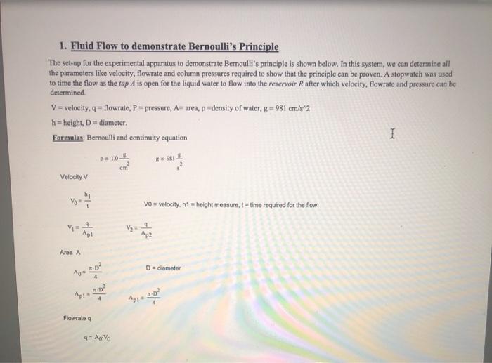 Solved 1. Fluid Flow to demonstrate Bernoulli's Principle | Chegg.com