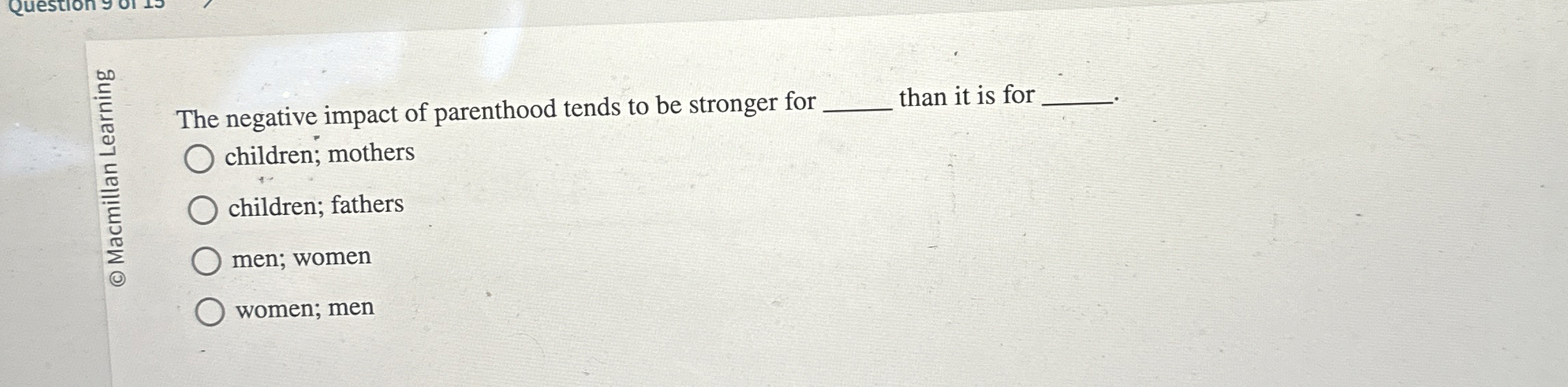 Solved The negative impact of parenthood tends to be | Chegg.com