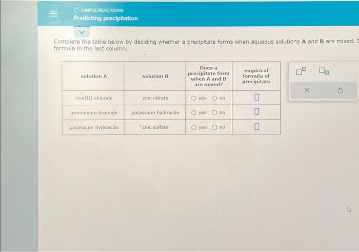 Solved SIMPLE REACTIONS Predicting precipitation Complete | Chegg.com