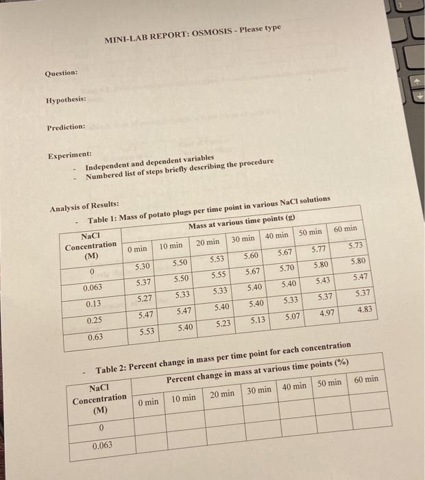 MINI-LAB REPORT: OSMOSIS - Please type Question: | Chegg.com