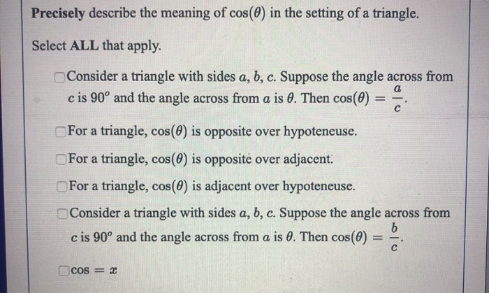 Solved Precisely describe the meaning of cos(@) in the | Chegg.com