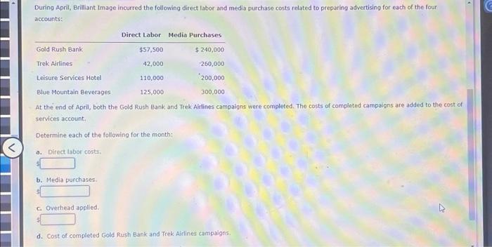 Solved During April, Brilliant Image incurred the following | Chegg.com