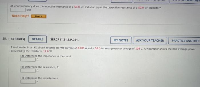 Solved At what frequency does the inductive reactance of a | Chegg.com