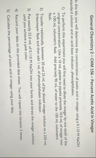 General Chemistry 2 - ﻿CHM 156 - ﻿Percent Acetic Acid | Chegg.com