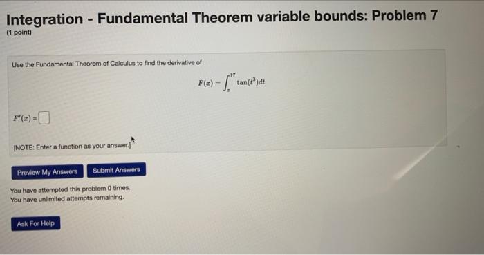 Solved Integration - Fundamental Theorem variable bounds: | Chegg.com