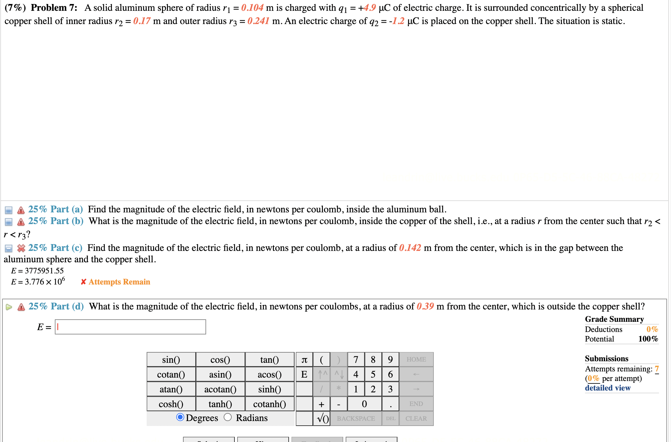 Solved 25% ﻿Part (a) ﻿Find the magnitude of the electric | Chegg.com