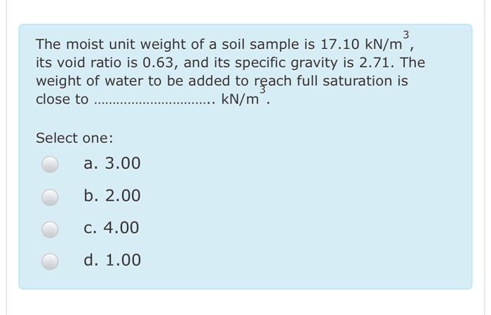 Solved The moist unit weight of a soil sample is 17.10 | Chegg.com