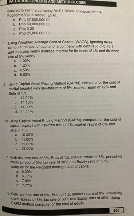 Solved VALUATION CONCEPTS AND METHODOLOGIES MULTIPLE CHOICE | Chegg.com