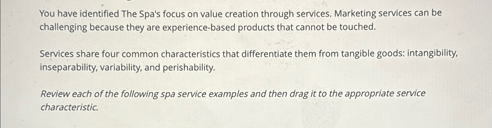 Solved You have identified The Spa's focus on value creation | Chegg.com