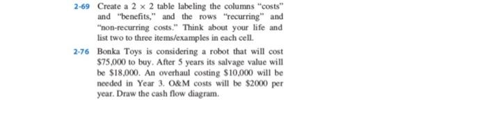 Solved 2-69 Create a 2×2 table labeling the columns "costs" | Chegg.com