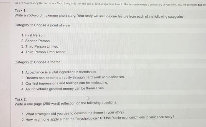 Solved We are now nearing the end of our Short Story Unit. | Chegg.com