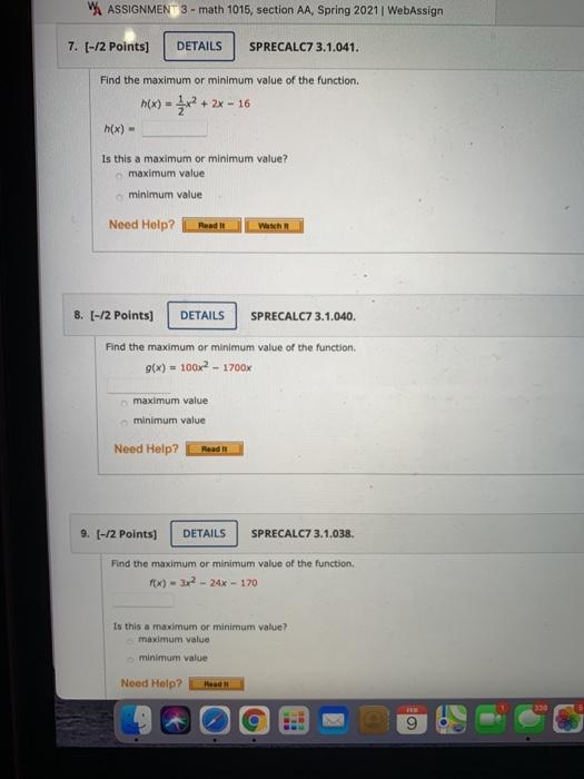Solved Get Homework W ASSIGNMENT 3 - math 1015, section AA, | Chegg.com