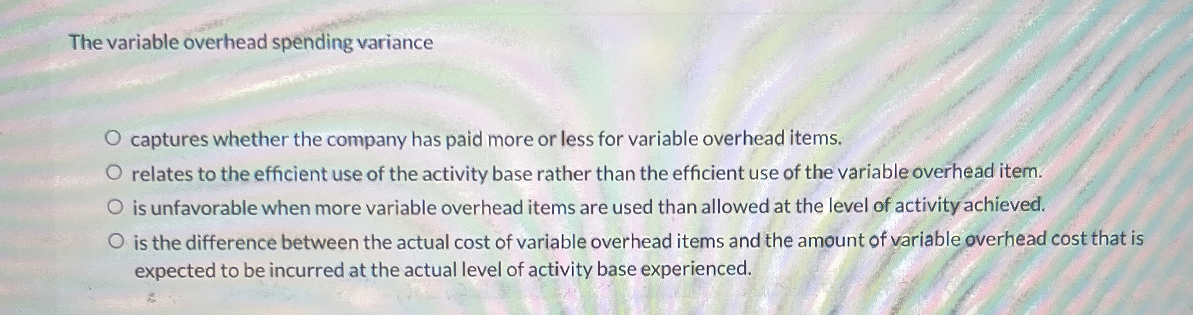 Solved The variable overhead spending variancecaptures | Chegg.com