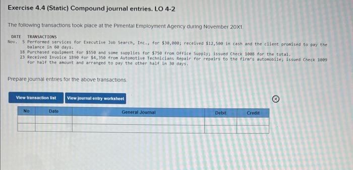 Solved Exercise 4.4 (Static) Compound journal entries. LO | Chegg.com