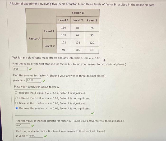 Solved A factorial experiment involving two levels of factor | Chegg.com