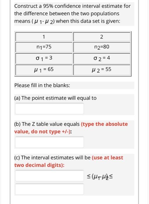 Solved Construct a 95% confidence interval estimate for the | Chegg.com