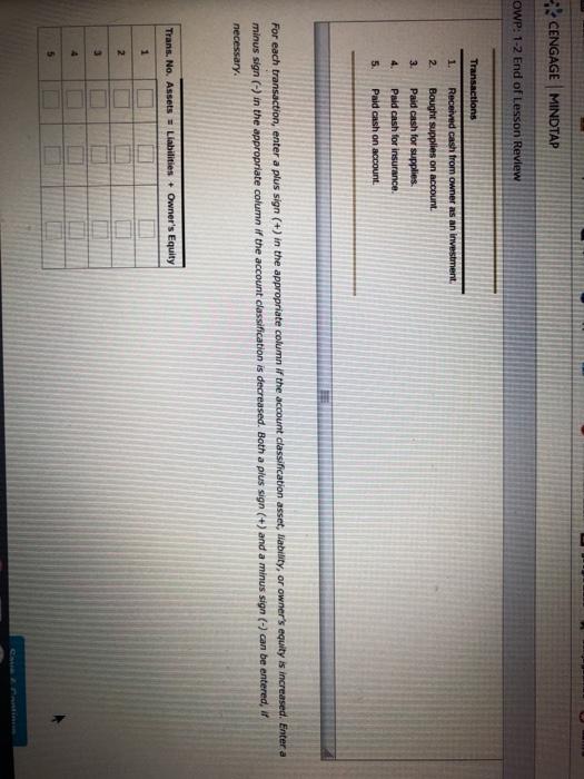 Solved CENGAGE MINDTAP OWP: 1-2 End of Lesson Review | Chegg.com
