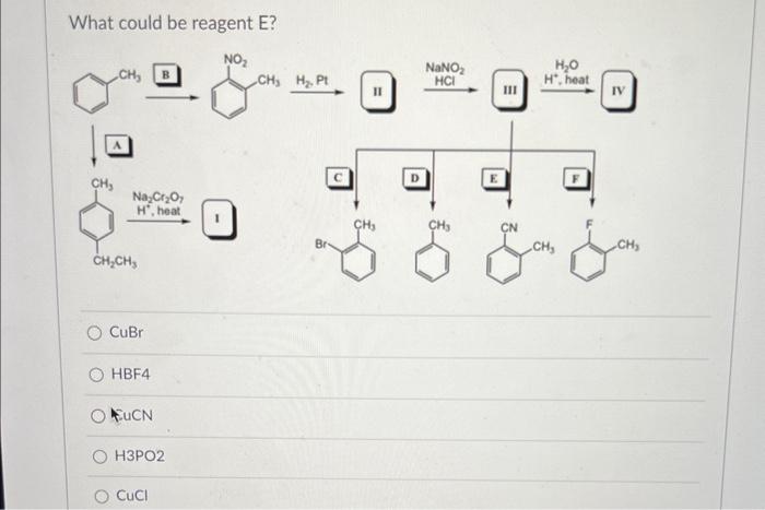 Solved What could be reagent E ? CuBr HBF4 FuCN H3PO2 CuCl | Chegg.com