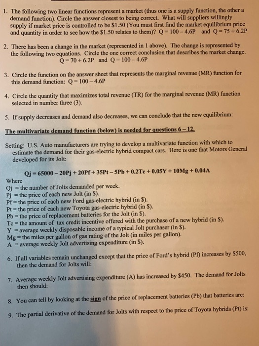 Solved 1. The following two linear functions represent a | Chegg.com
