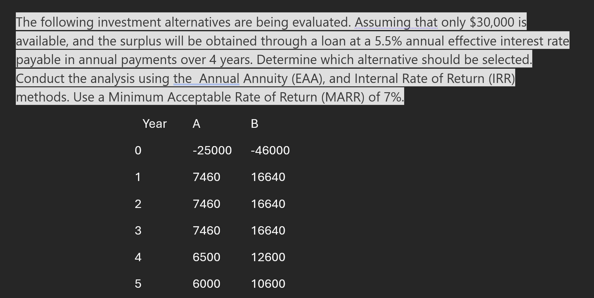 Solved The following investment alternatives are being | Chegg.com