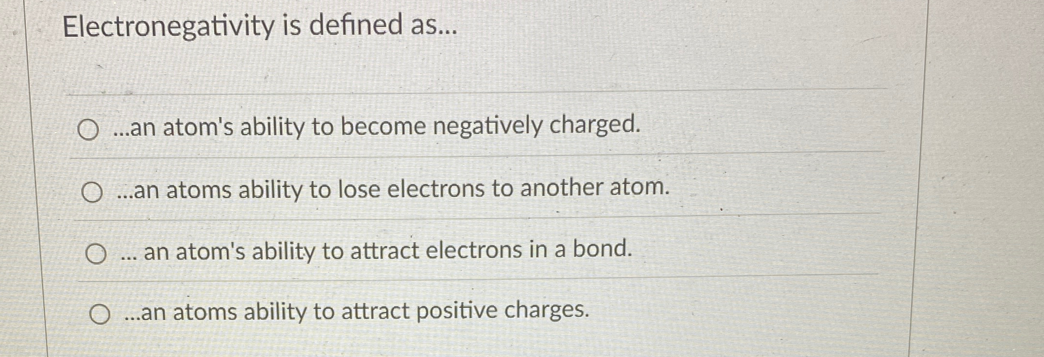 Solved Electronegativity is defined as......an atom's | Chegg.com