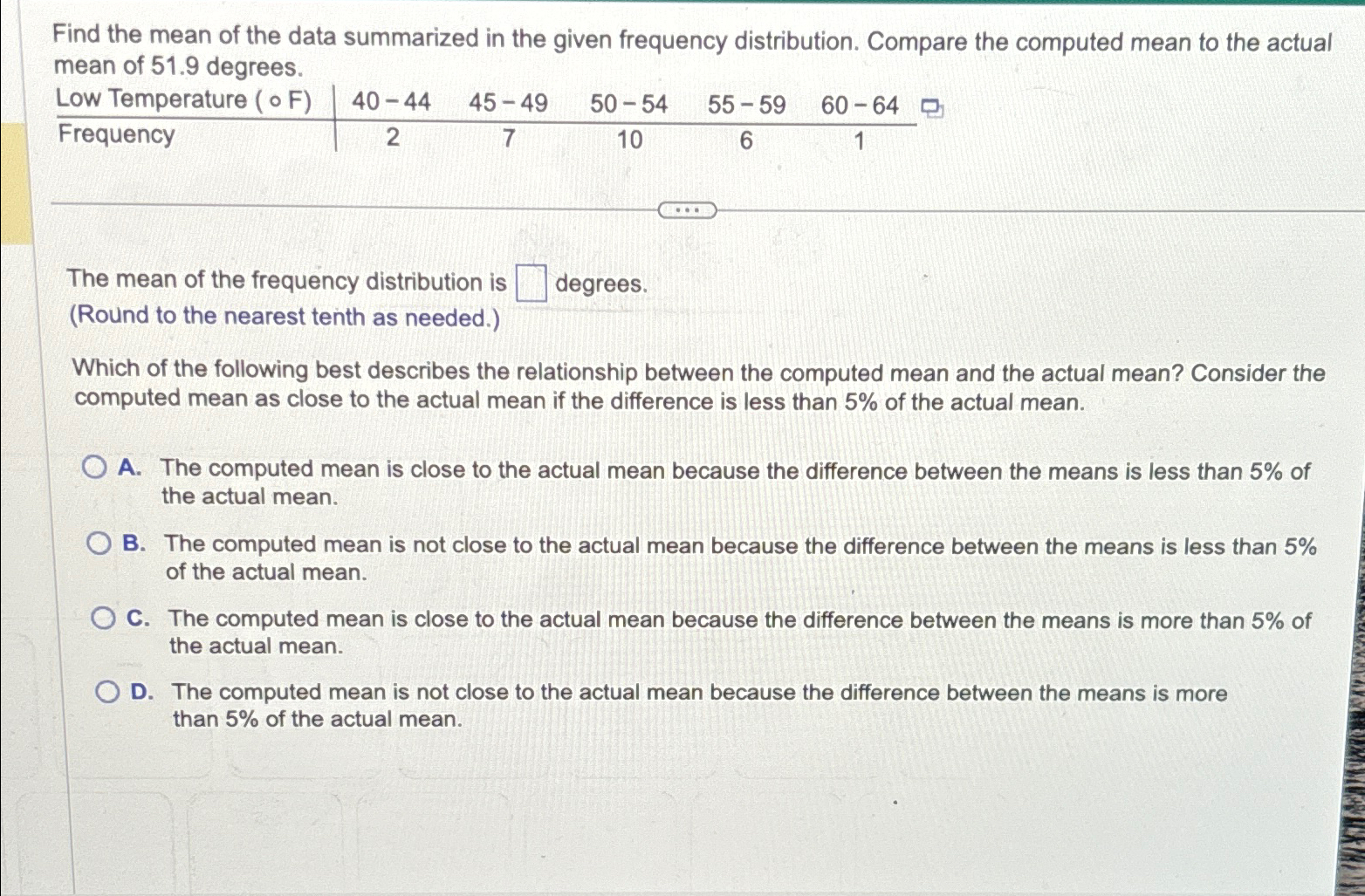 Solved Find the mean of the data summarized in the given | Chegg.com