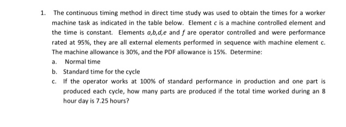 Solved 1. The continuous timing method in direct time study | Chegg.com
