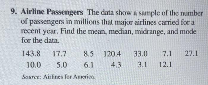 Solved 9. Airline Passengers The data show a sample of the | Chegg.com