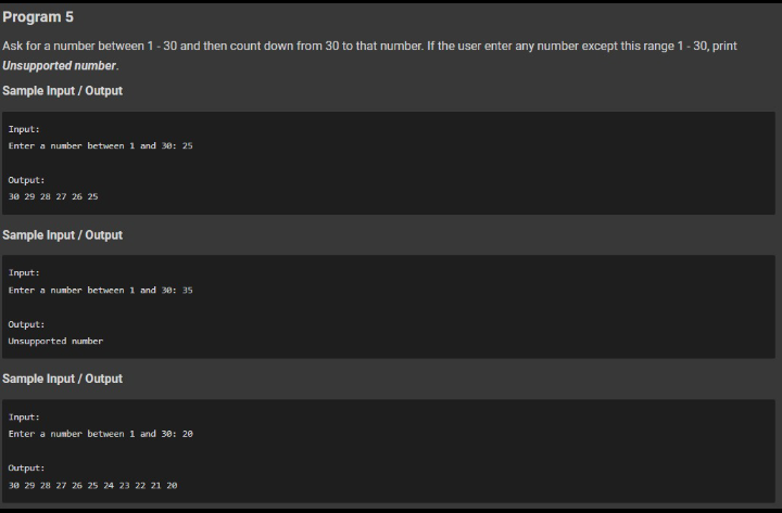 Solved 1 Program 5 Ask for a number between 1 - 30 and then | Chegg.com
