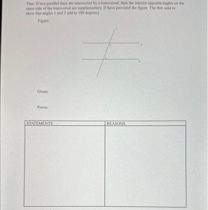 Solved Thm: If two parallel lines are intersected by a | Chegg.com
