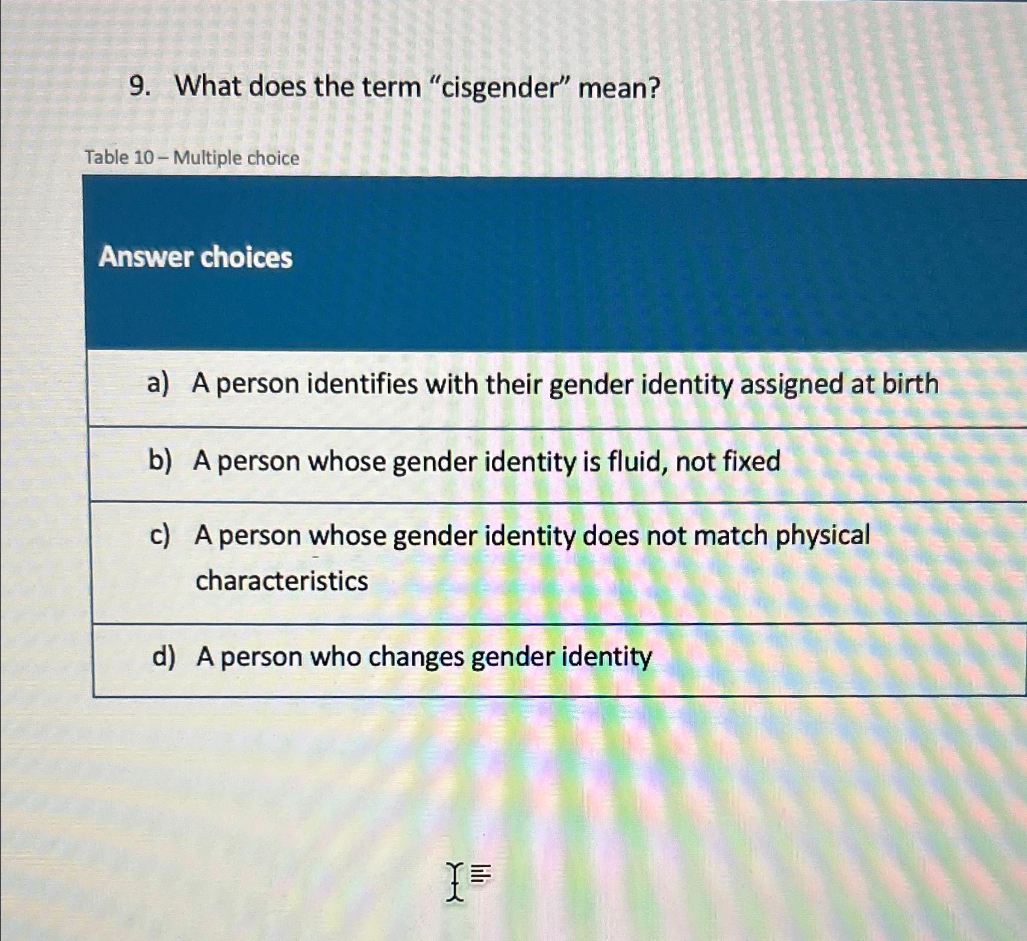 Solved What does the term "cisgender" mean?Table 10 - | Chegg.com