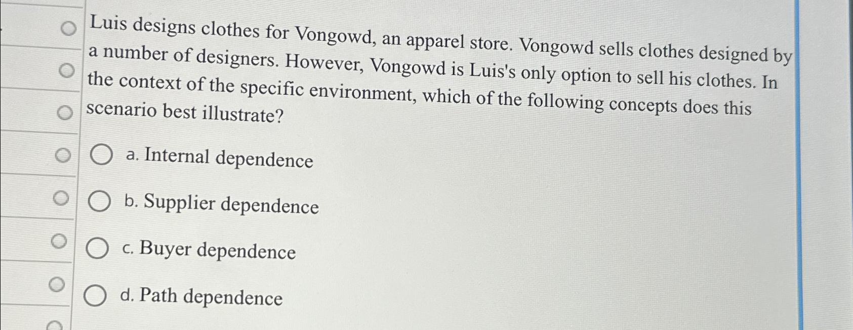 Solved Luis designs clothes for Vongowd, an apparel store. | Chegg.com