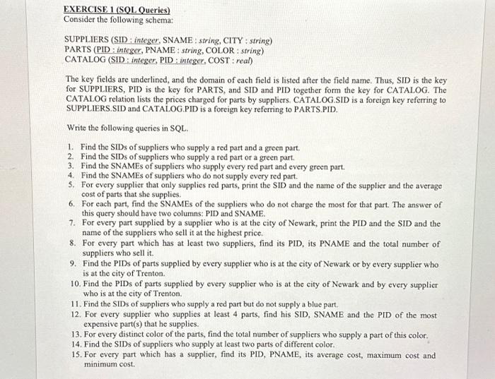 Solved SUPPLIERS (SID : integer, SNAME : string, CITY ; | Chegg.com