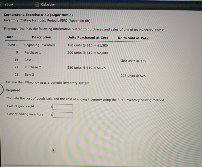 Solved eBook Calculator Cornerstone Exercise 6-30 | Chegg.com