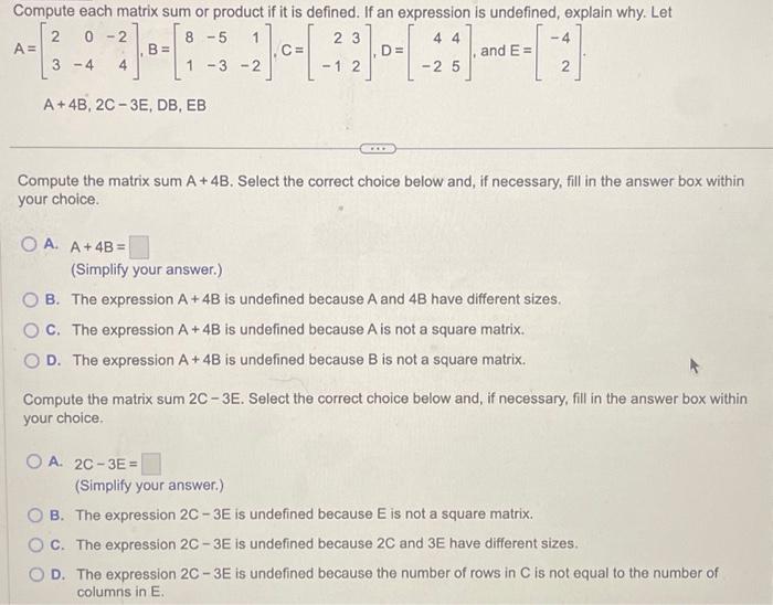 Solved Compute each matrix sum or product if it is defined. | Chegg.com