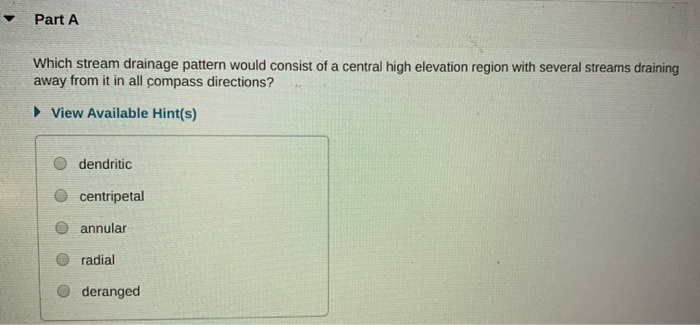 Solved Part A Which stream drainage pattern would consist of | Chegg.com
