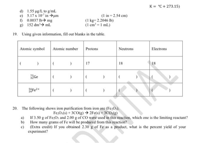 Solved K=∘C+273.15) d) 1.55μg/L to g/mL e) 5.17×10−7 in →μm | Chegg.com