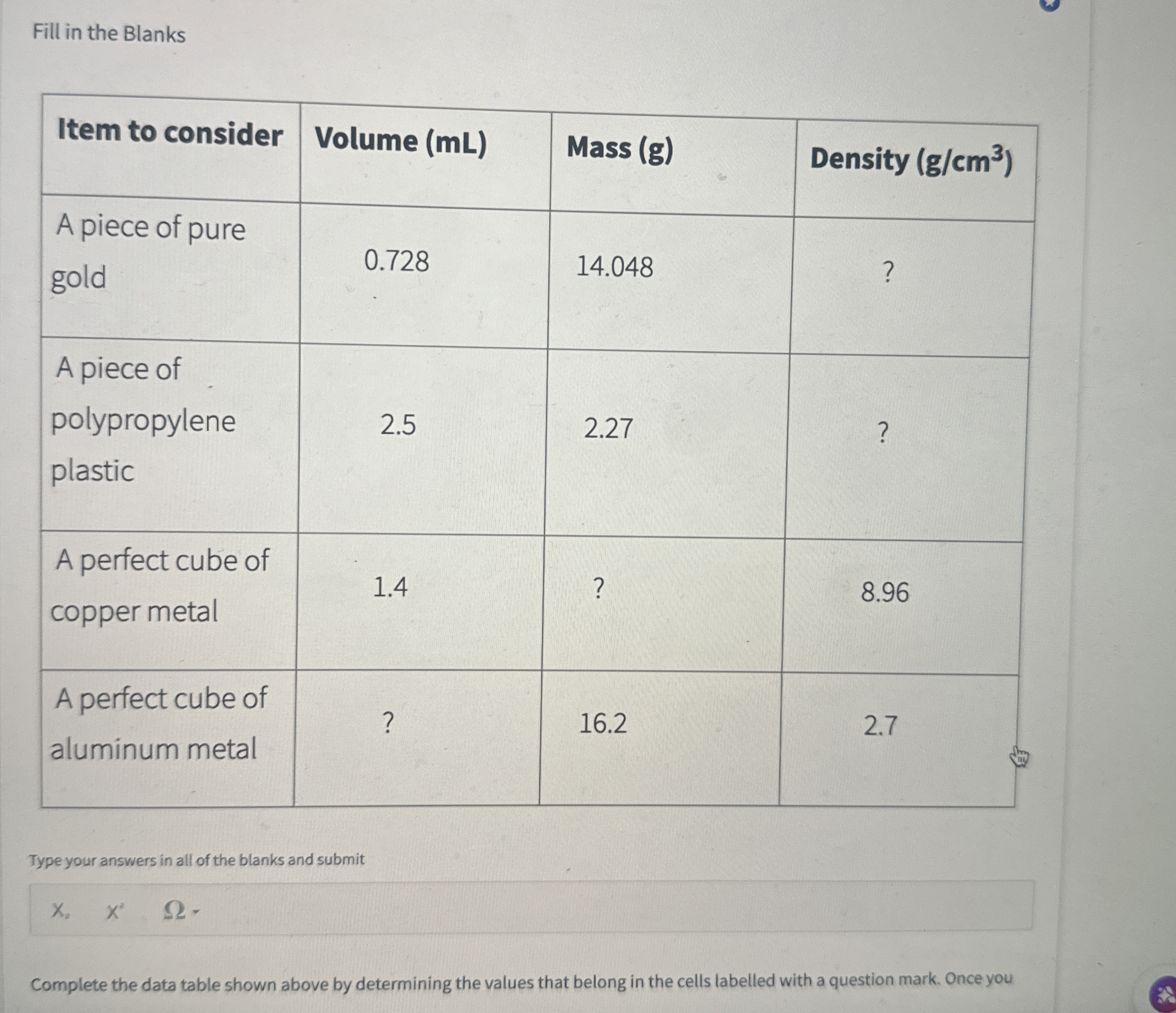 Solved Fill in the Blanks\table[[Item to consider,Volume | Chegg.com