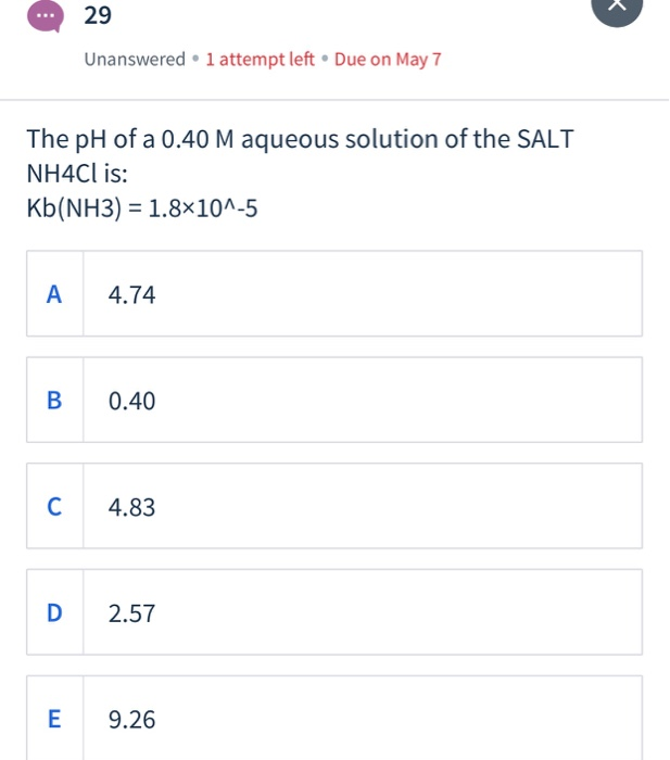 Solved 29 Unanswered 1 attempt left. Due on May 7 The pH of | Chegg.com