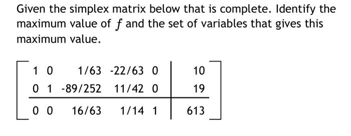 Solved Given the simplex matrix below that is complete. | Chegg.com