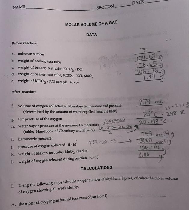 Solved Molar Volume of Gas Lab Needed: Parts A,B,C,D,E of | Chegg.com