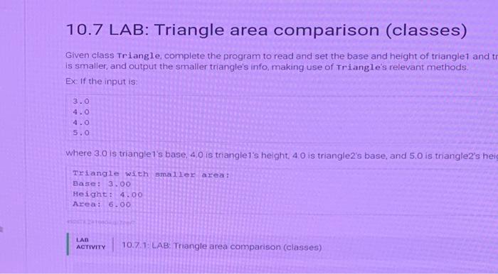 Solved 10.7 lab, triangle area, comparison, | Chegg.com