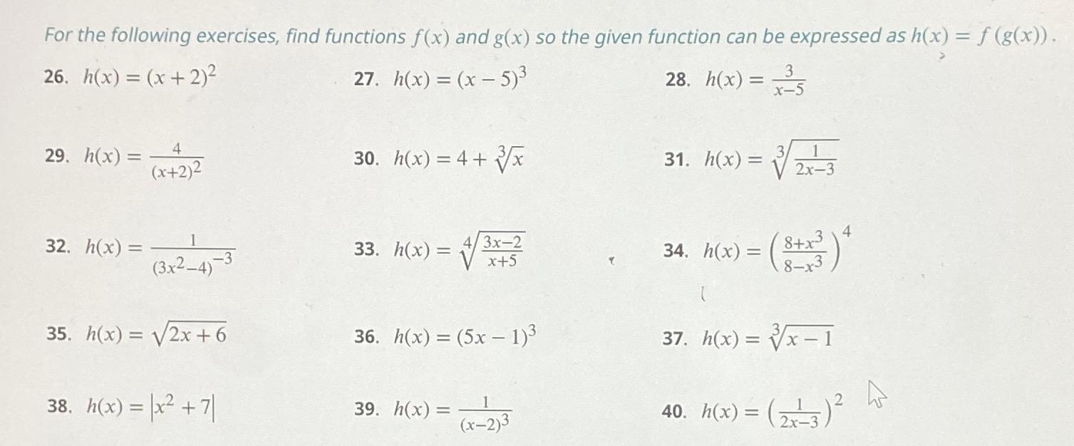 Solved For the following exercises, find functions f(x) and | Chegg.com
