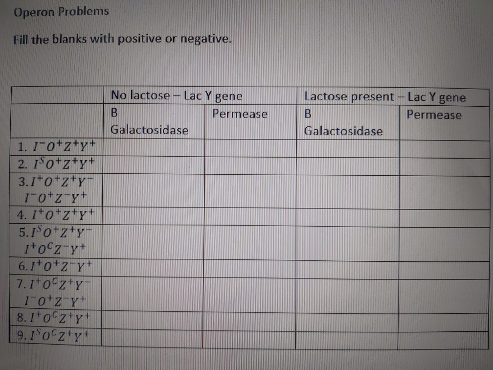 Solved Operon Problems Fill the blanks and explain why it’s | Chegg.com
