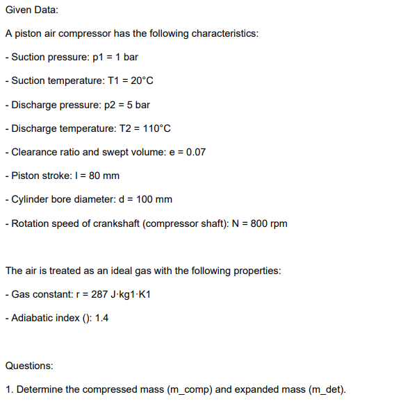 Solved Given Data:A piston air compressor has the following | Chegg.com