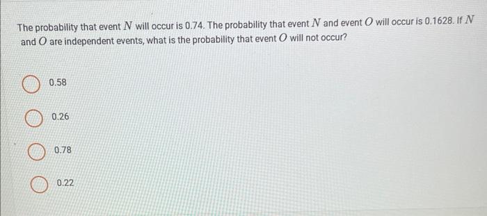 Solved The probability that event N will occur is 0.74. The | Chegg.com