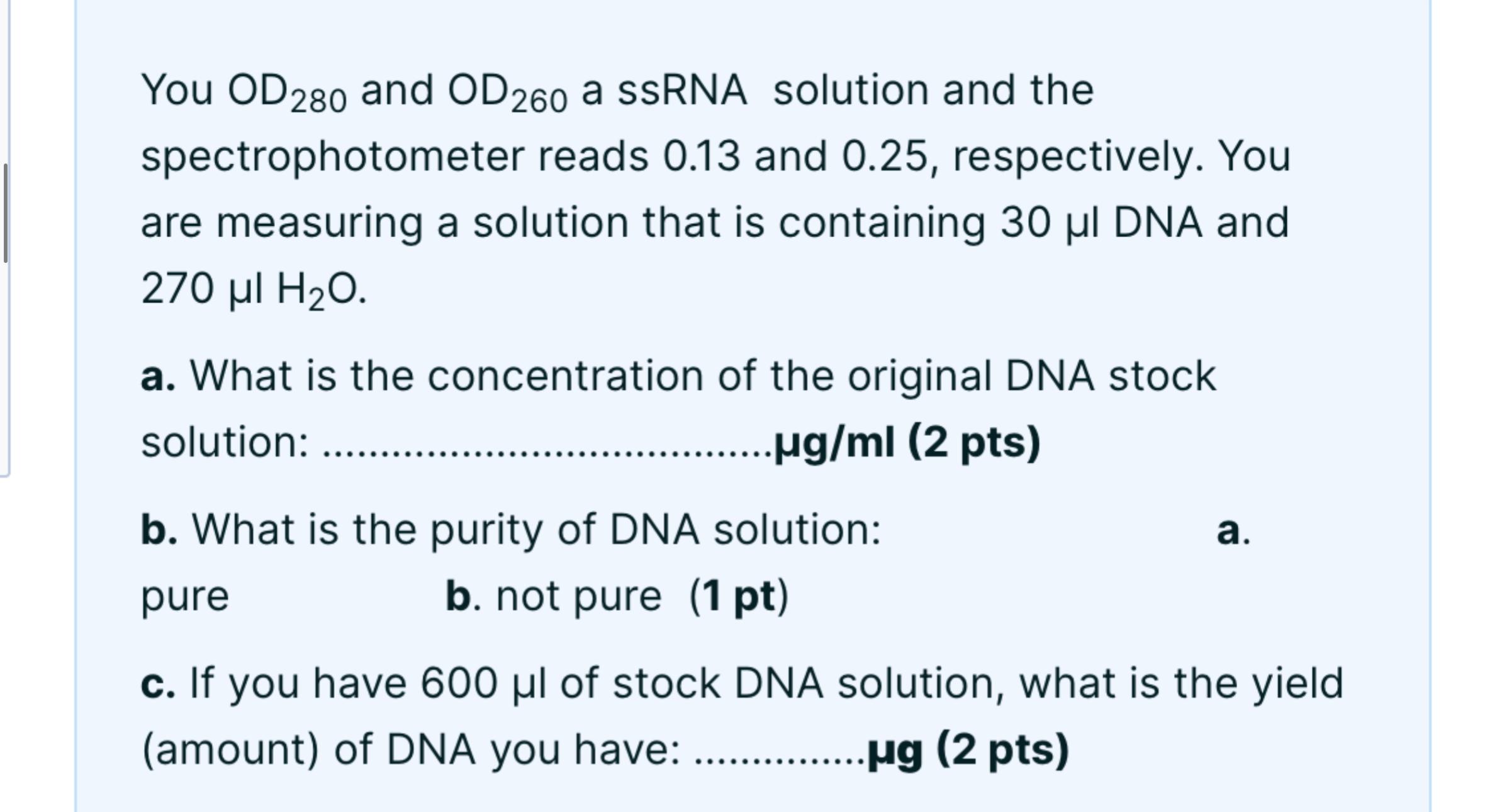 Solved You OD280 ﻿and OD260 ﻿a ssRNA solution and the | Chegg.com