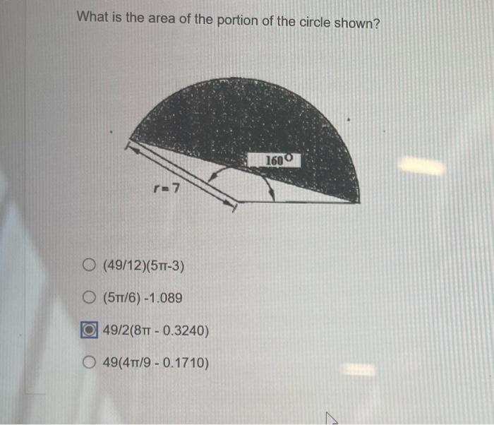 Solved What is the area of the portion of the circle shown? | Chegg.com