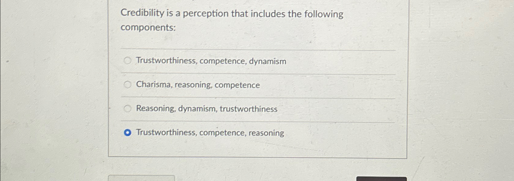 Solved Credibility is a perception that includes the | Chegg.com