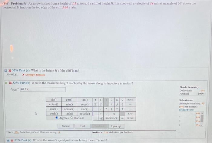 Solved (8\%) Problem 9: An arrow is shot from a height of | Chegg.com